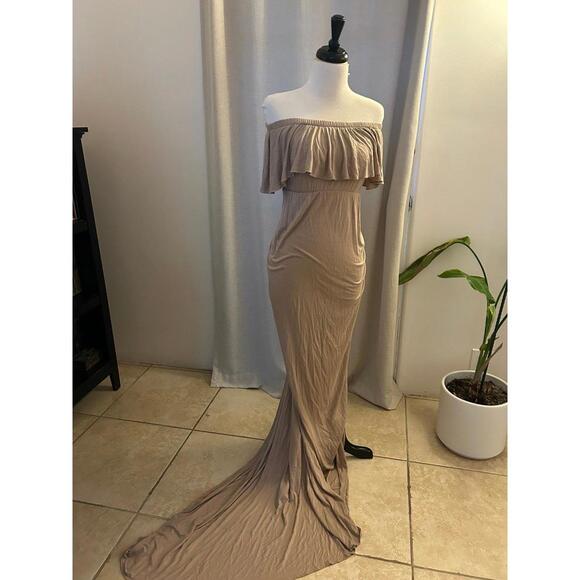Dresses | Chicaboo Maternity Photoshoot Gown Taupe Offshoulder Ruffle ...